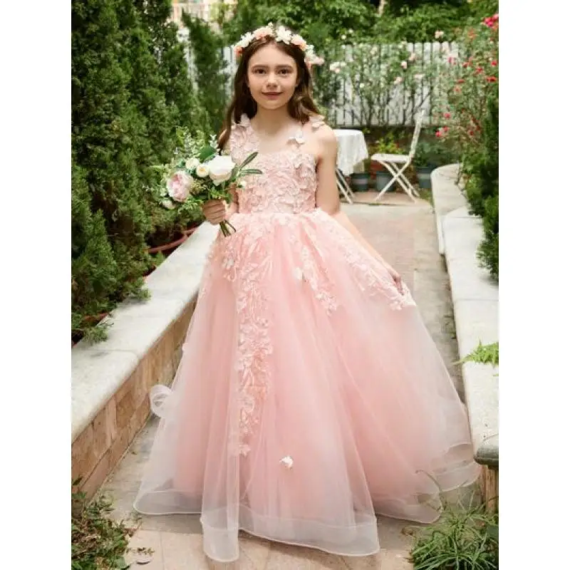 Princess Pink Flower Girl Dress Princess Lace Floral Appqulies Tulle ...