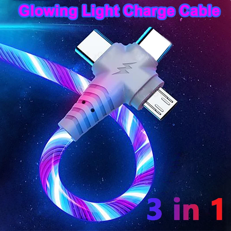 3 IN 1 Glowing LED Light Phone Charger Luminous Micro USB Type C Cable ...