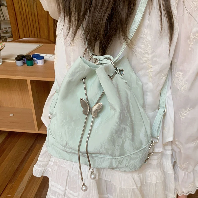 Metal-Butterfly-Women-s-Drawstring-Backpack-Solid-Color-Female-Bucket ...