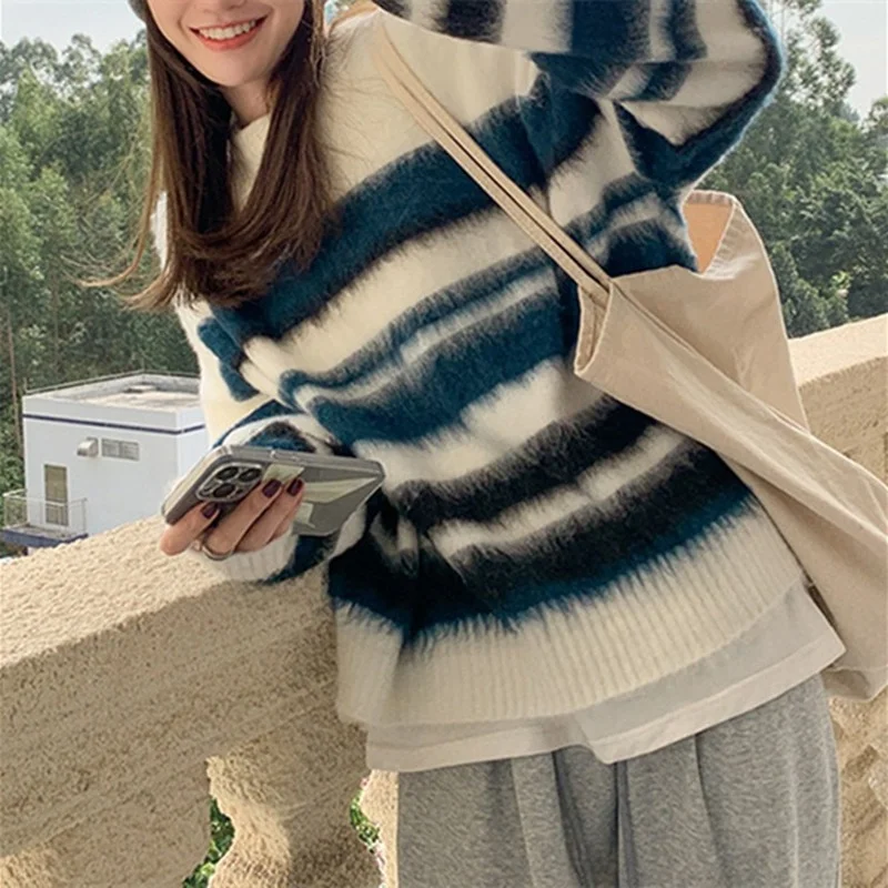 Women Korean Striped Long Sleeve Sweater Autumn Winter Loose Oversized ...