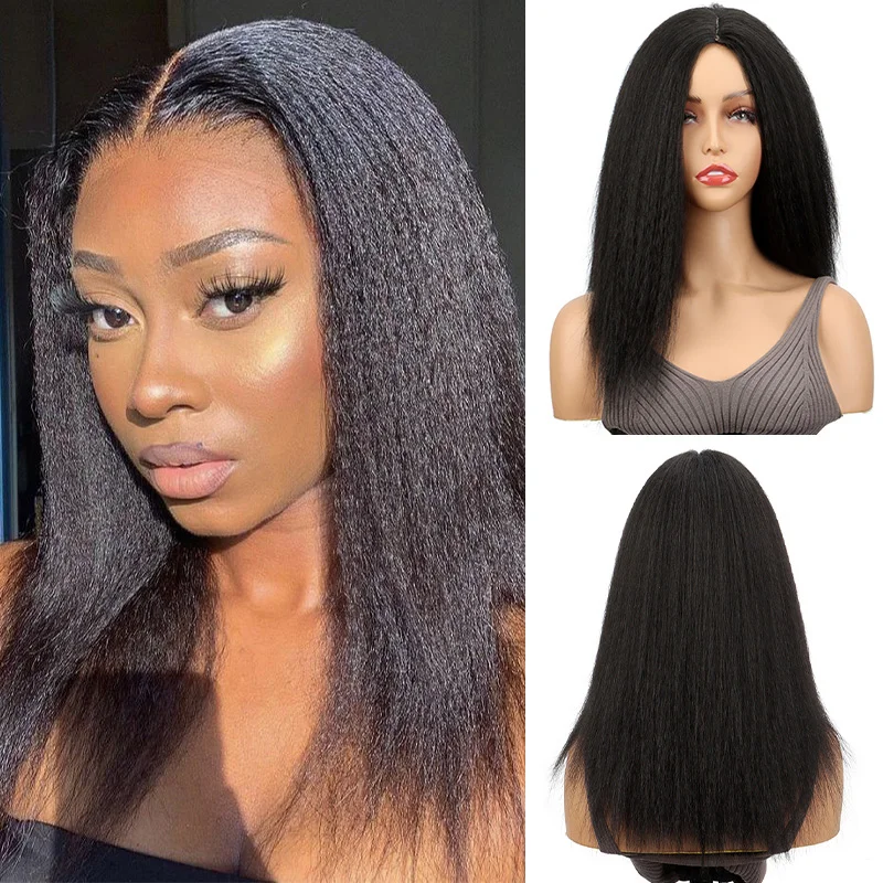 16/22Inch Synthetic Long Yaki Kinky Straight Wig Soft Fluffy Hair Wigs for Women Daily Use ...