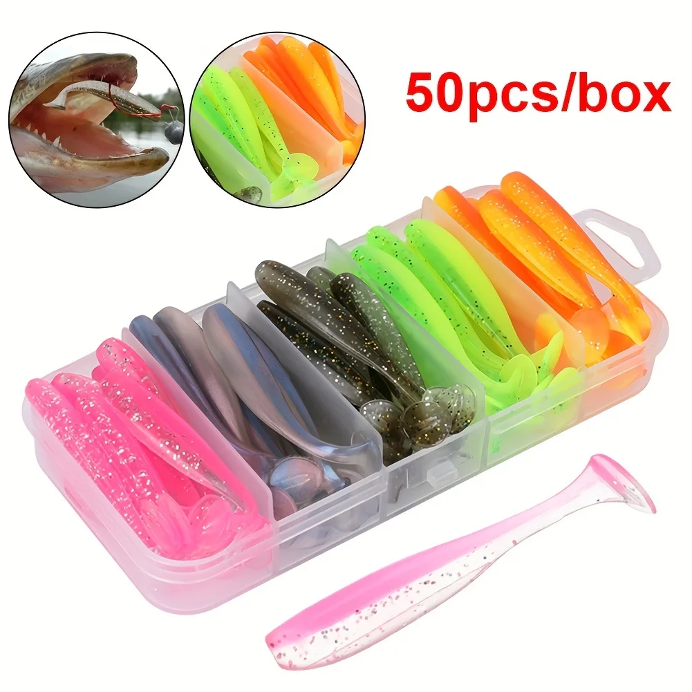50-pz-scatola-Fishing-Lure-T-Tail-Spinner-Soft-Artificial-Bait-Paddle ...