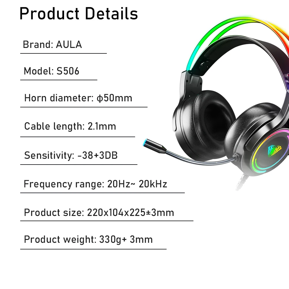 AULA S506 Gaming Headset RGB Head Beam Cool Lighting Effect Microphone HD Calling Lightweight ...