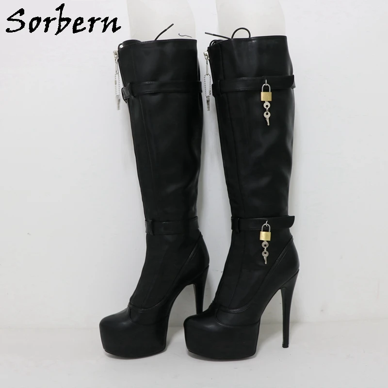 Sorbern-Black-Lockable-Zipper-Boots-Unisex-Knee-High-Heels-Stilettos ...