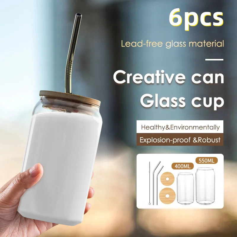 6pcs-Set-Glass-Cup-With-Lid-Transparent-Can-Shape-Glasses-Coffee-Cups ...