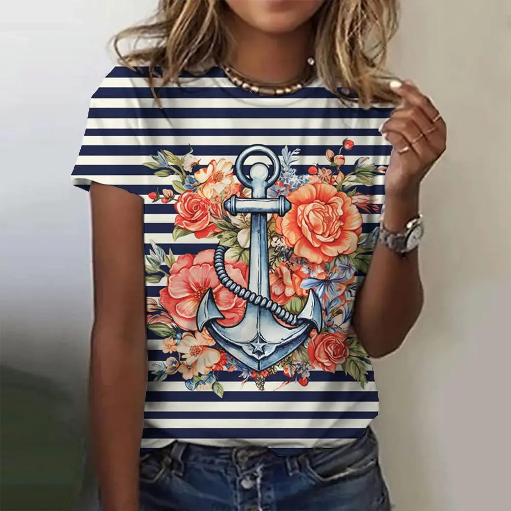 Camisetas-con-estampado-3D-de-ancla-de-barco-a-rayas-para-mujer-ropa-de ...