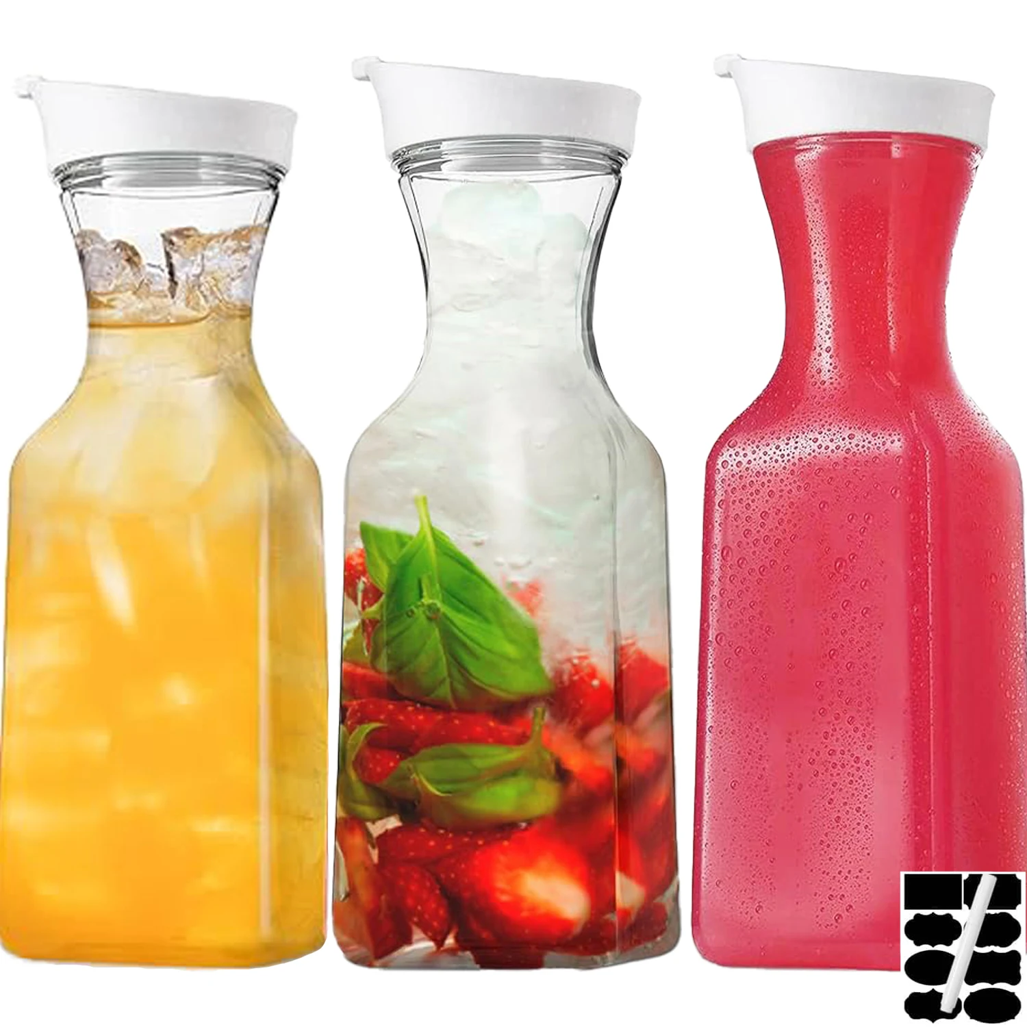 3pcs 1 L Plastic Water Carafe with Flip Top Lid, Square Base Juice ...