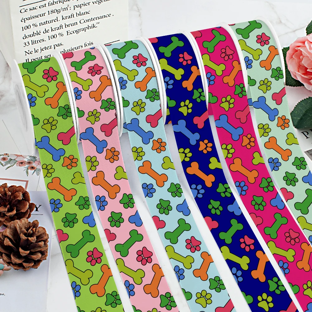 Cute Cartoon Colorful Dog Paw Bones Pattern Printed Grosgrain Satin ...