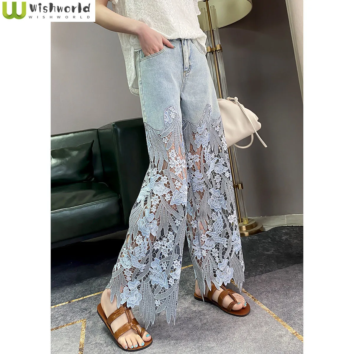 2023 Summer New Vintage Flower Hollowed-out Jeans Cool Pants Women's ...