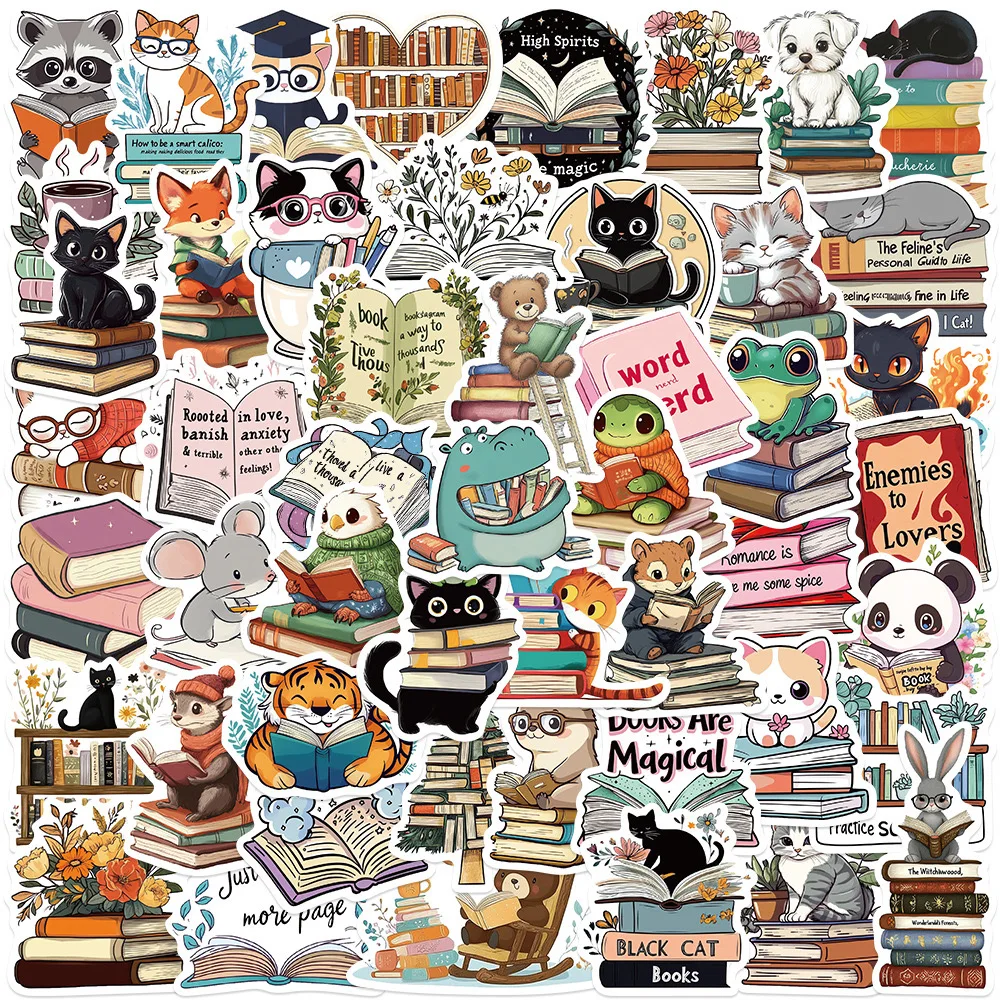 10/50/100pcs Cute Funny Animal Reading Books Stickers Kindle Aesthetic ...