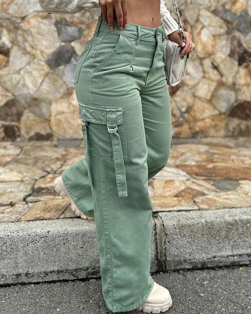 Pocket-Design-High-Waist-Cargo-Pants-Women-Solid-Color-Summer-Spring ...