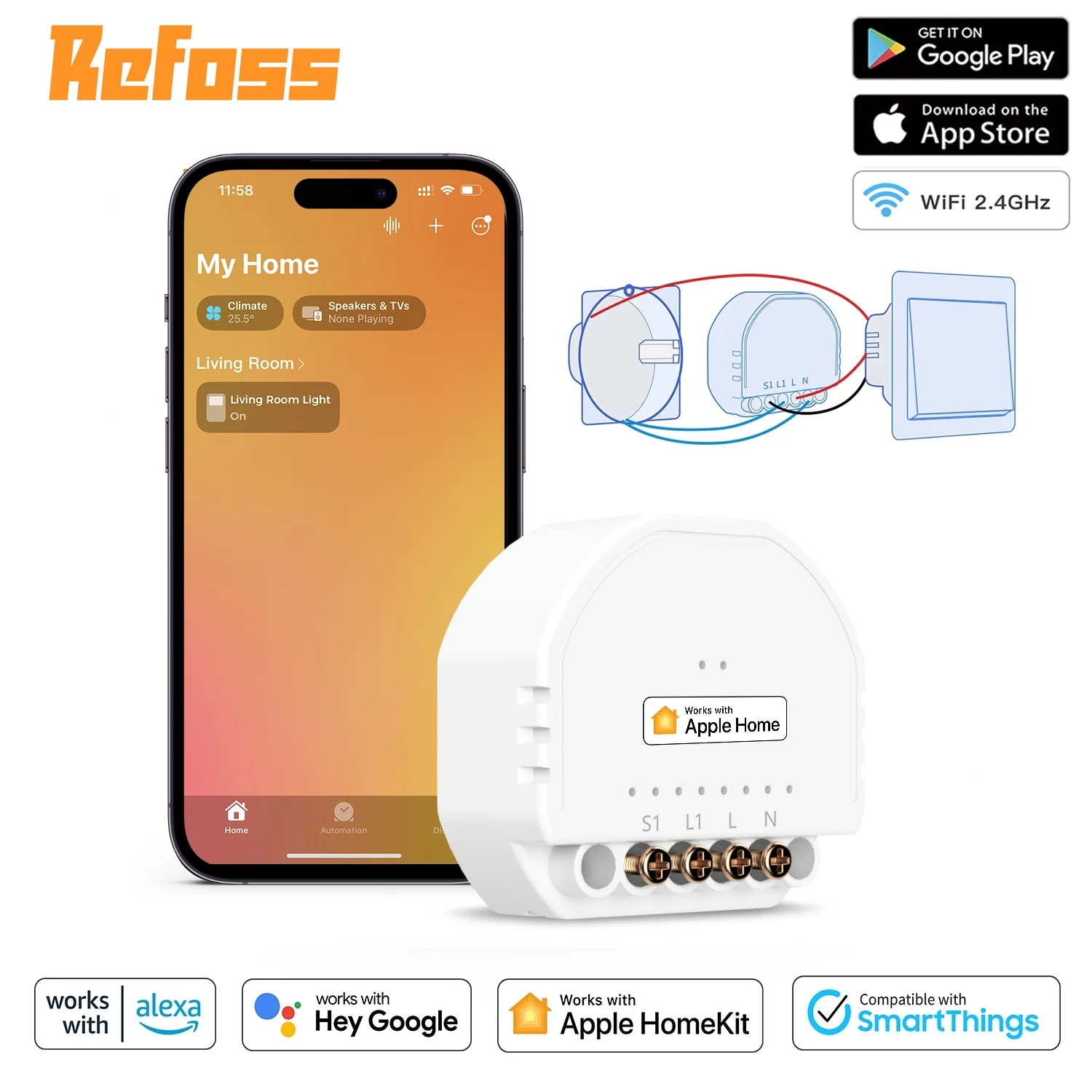 Refoss WiFi HomeKit Smart Switch Module 1 Gang 1 Way DIY Light Switch ...