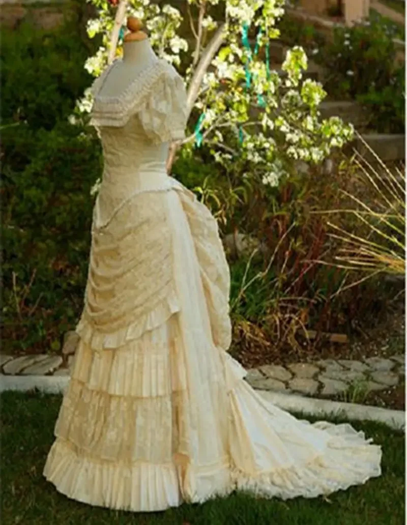 Vintage-Victorian-Bustle-Prom-Dresses-Lace-Pleats-Ruched-Long-Champagne ...