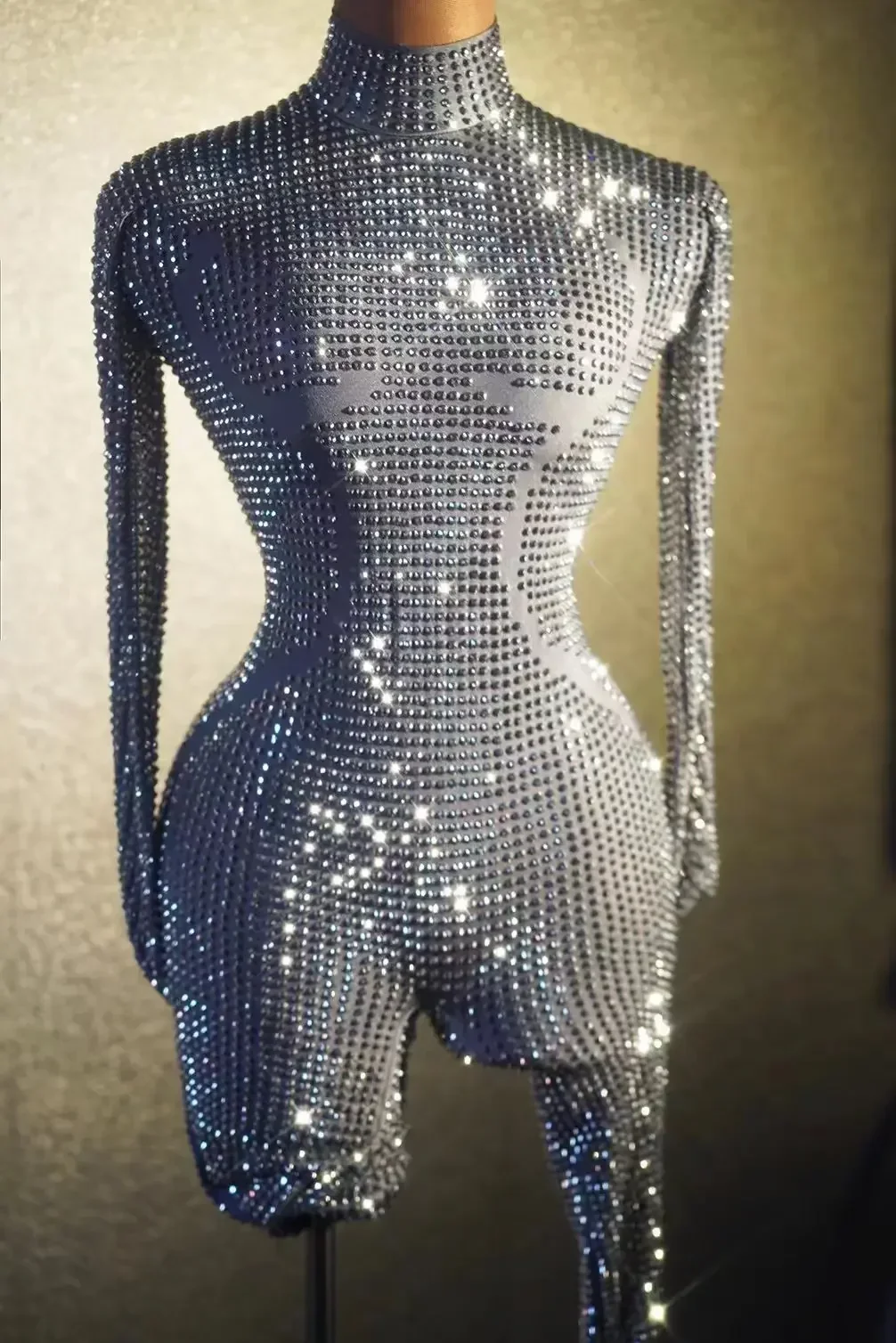 Sparkly Long Sleeve Crystal Rompers Pole Dance Bodycon Bodysuits Stage ...