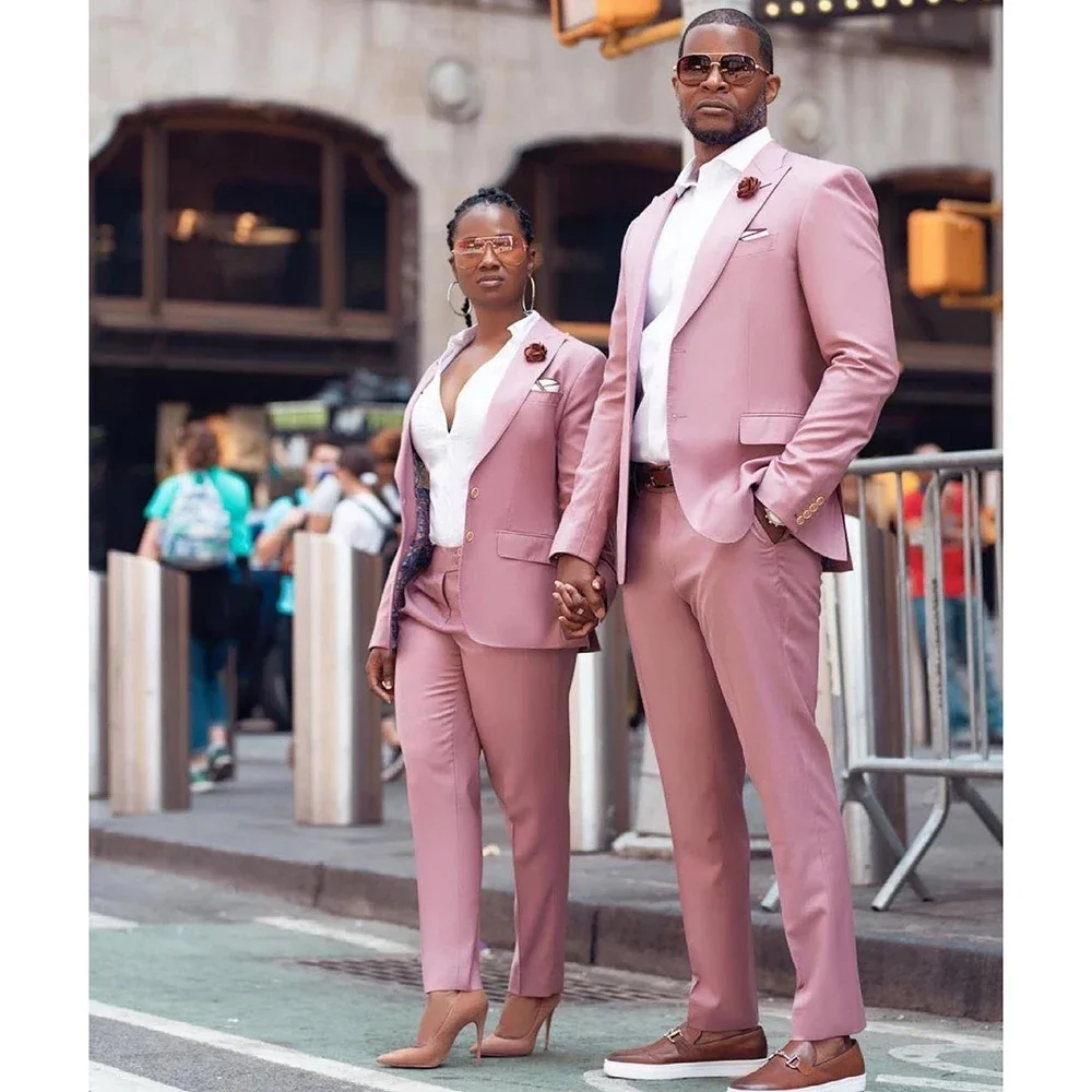 Formal Couple Suits for Men and Women Pink 2 Piece Jacket Pants Slim ...