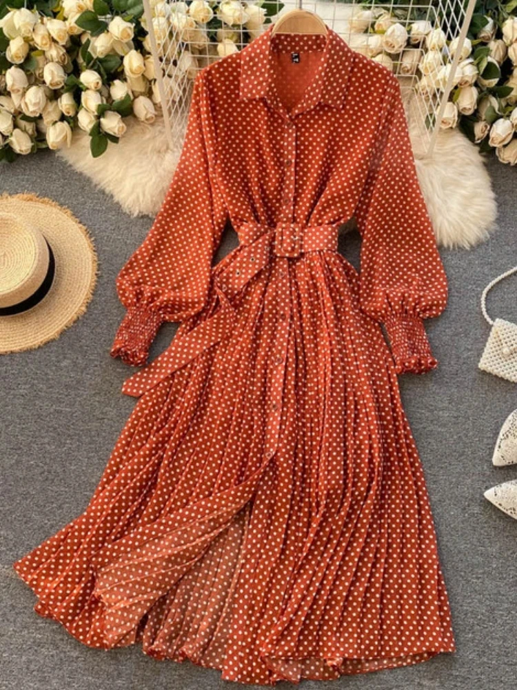 Maxi-vestido-de-fiesta-Vintage-para-mujer-manga-larga-naranja-lunares ...