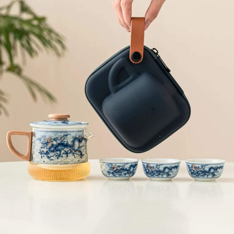 Metal-Inlay-Blue-and-White-Dragon-Travel-Tea-Kit-Portable-Teapot-Teacup ...