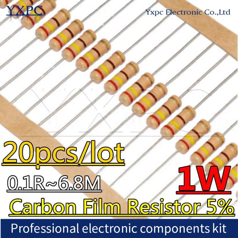 20pcs 1w Carbon Film Resistor 5% 0.1r~6.8m 10r 100r 220r 330r 470r 1k 2.2k 3.3k 4.7k 10k 22k 47k ...