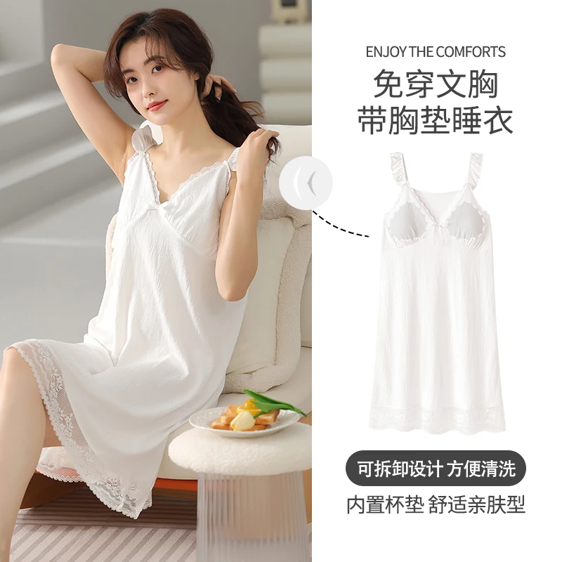 Sexy-summer-knit-cotton-nightgown-women-sling-nightshirt-with-chest-pad ...