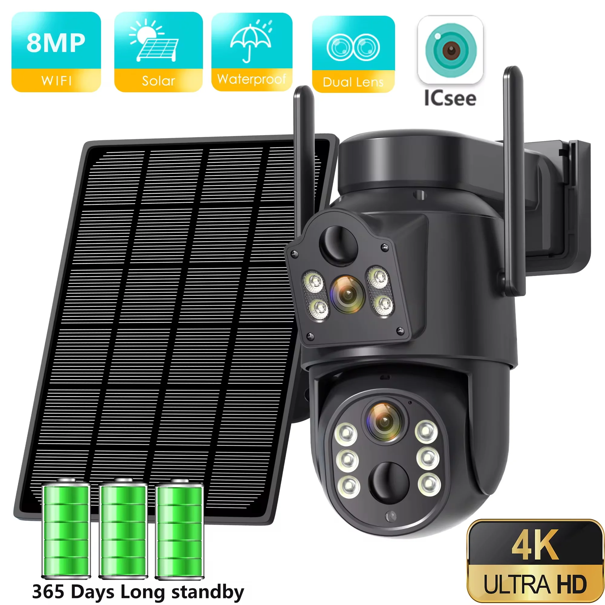 4K 8MP IP Solar Power WiFi Camera PTZ Outdoor IP66 Waterproof 7800mAh ...