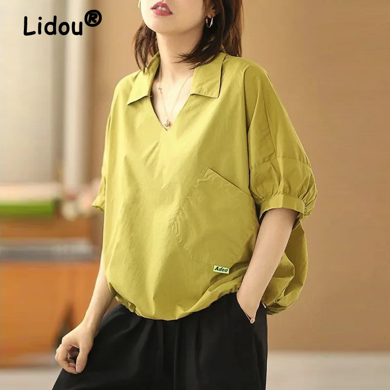 Women-s-Vintage-Simple-Oversized-Blouse-Summer-Trendy-V-Neck-Half ...