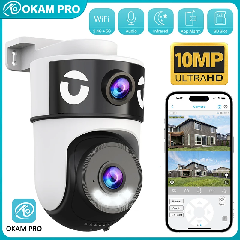 OKAM PRO APP 5G Wi-Fi IP Camera HD 10MP Dual-Lens Camera PTZ Color ...
