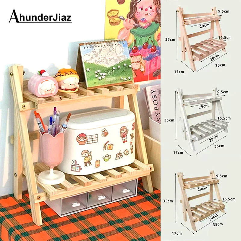 Desktop Storage Rack Wooden Double Layer Shelf Multifunction Foldable ...