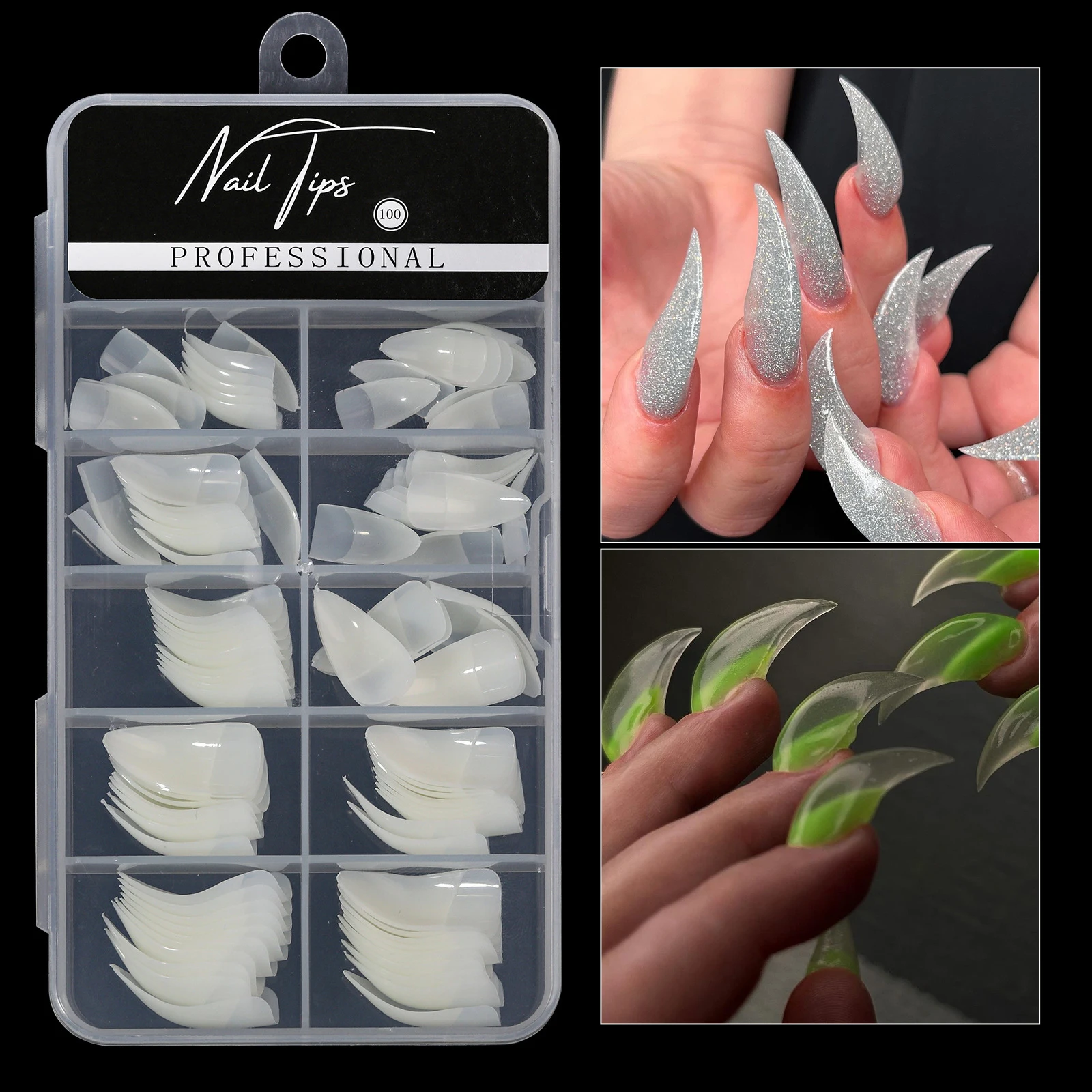 100pcs-Special-Shaped-False-Nails-Acrylic-Curved-Nail-Tips-Clear-White ...