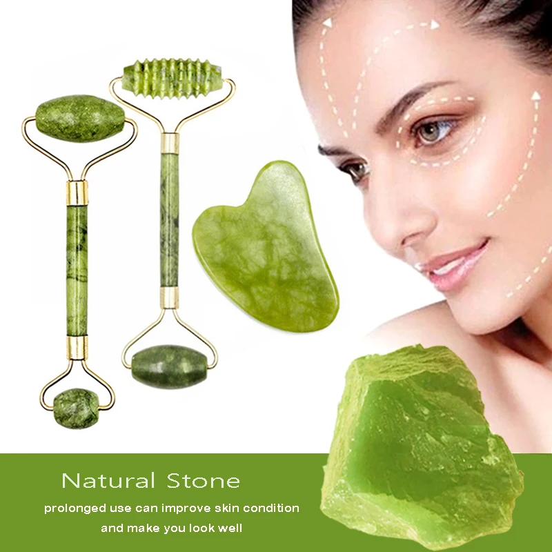 Juego de rodillos de Jade para masaje facial, masajeador Gua Sha de piedra Natural, herramienta ...