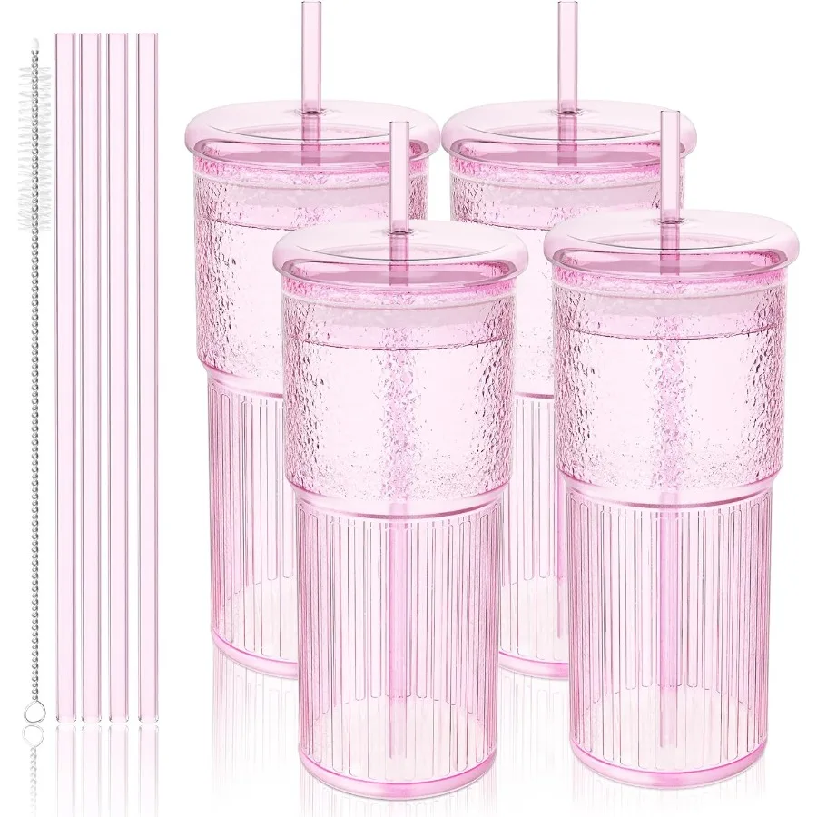 20oz Glass Cups with Lids and Straws - Set of 4 Reusable Tumblers ...