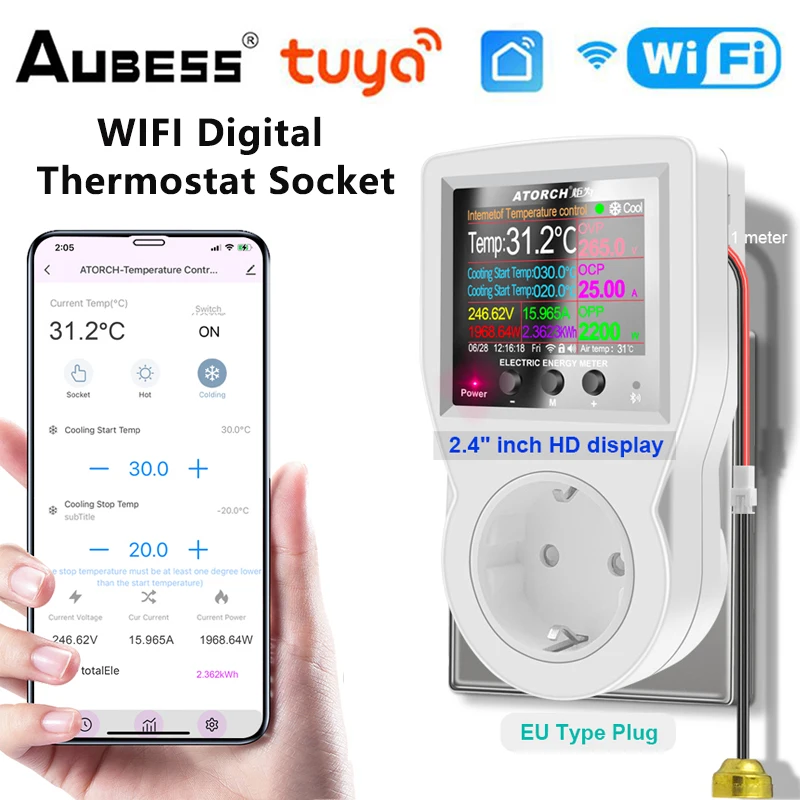 Tuya WiFi Digital Thermostat Smart Socket Incubator Temperature Controller Plug Outlet Timer ...