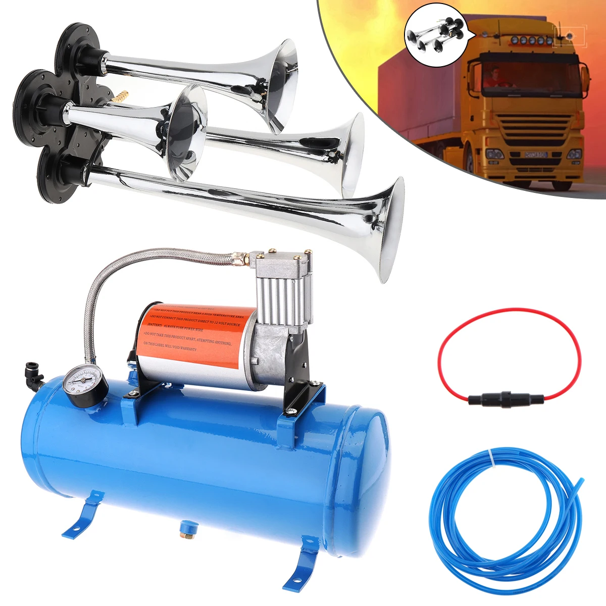 Super Loud Car Horn 12V 4 Trumpet Air Horn 150psi 6L Mini Electric Air ...