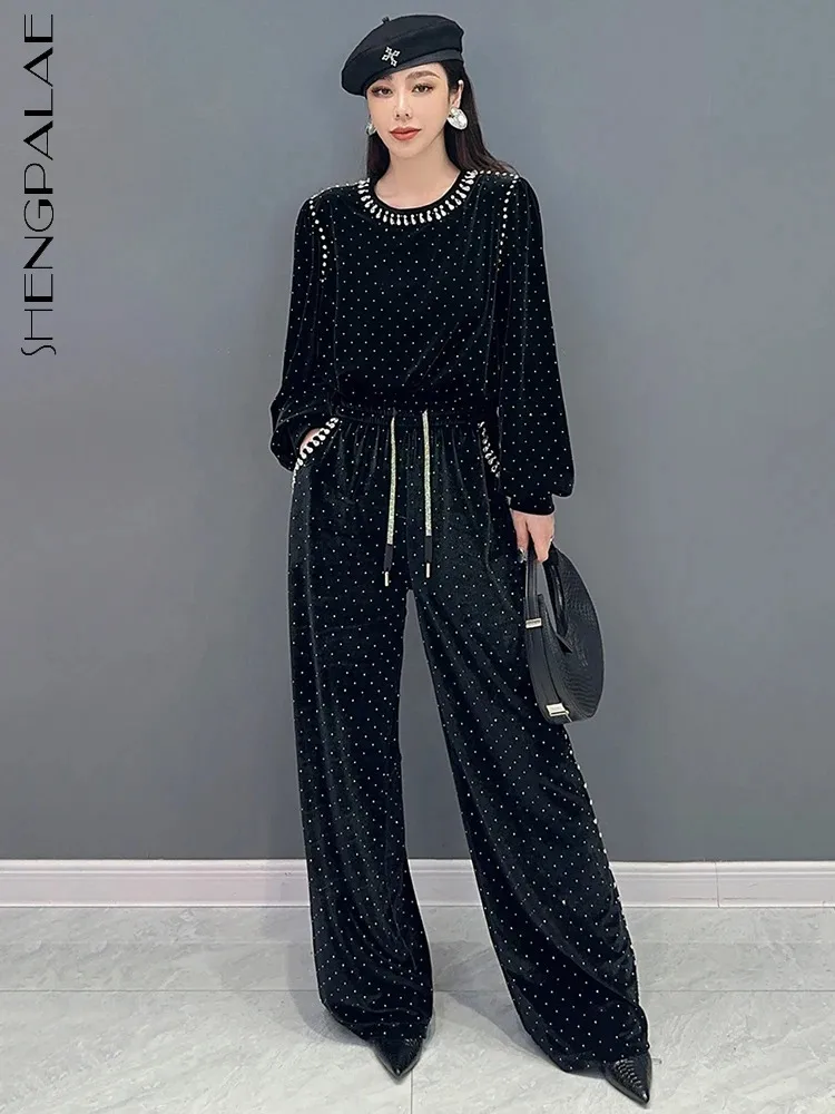 SHENGPALAE-Fashion-Women-s-Velvet-2-Piece-Set-Diamonds-Spliced-O-neck ...