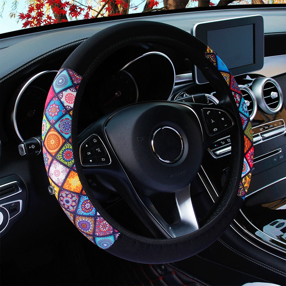Elastic-Car-Steering-Wheel-Cover-Flower-Style-Print-Anti-slip-Handbrake ...