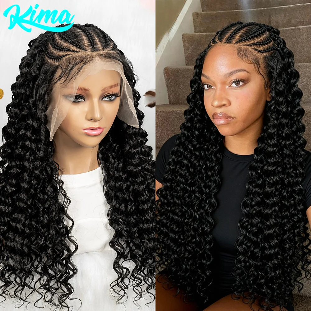 KIMA Cornrow Box Braided Wig With Curly Hair Water Wave Texture Cornorw ...