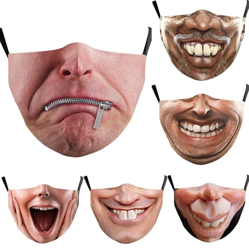 Smile Print Mask With Pocket Unisex Funny 3d Masks For Women Adult Face ...