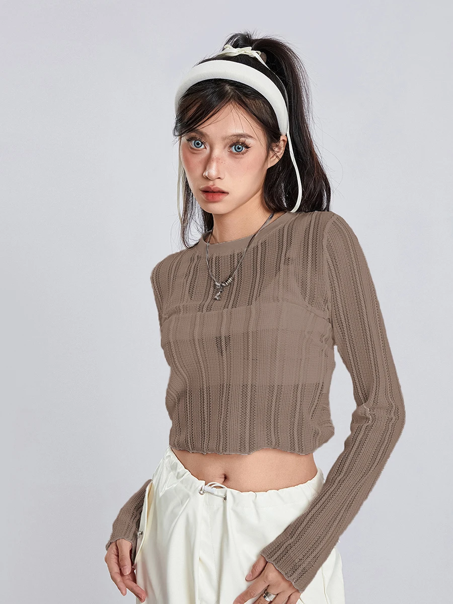 See-Through-Crew-Neck-Shirts-Spring-Fall-Casual-Slim-Fit-Crop-Tops ...