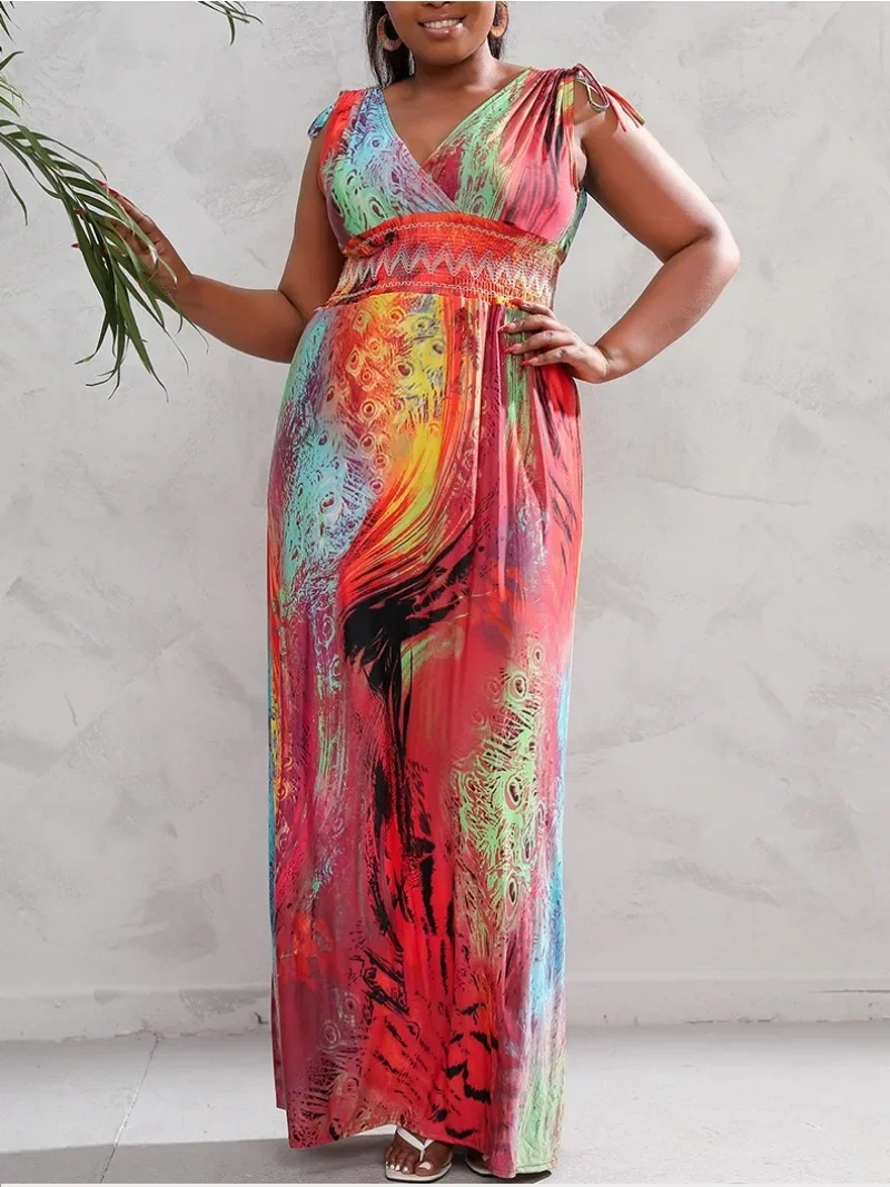 Women-s-Plus-Size-Fashion-Simian-Style-Printed-Slim-Ice-Silk-Dress-for ...