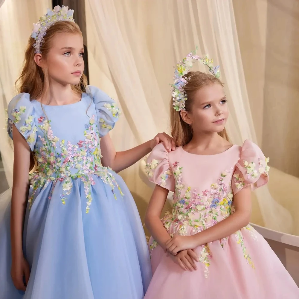 Luxury Blue Flower Girl Dress for Wedding Party 3D Appliqued Princess ...