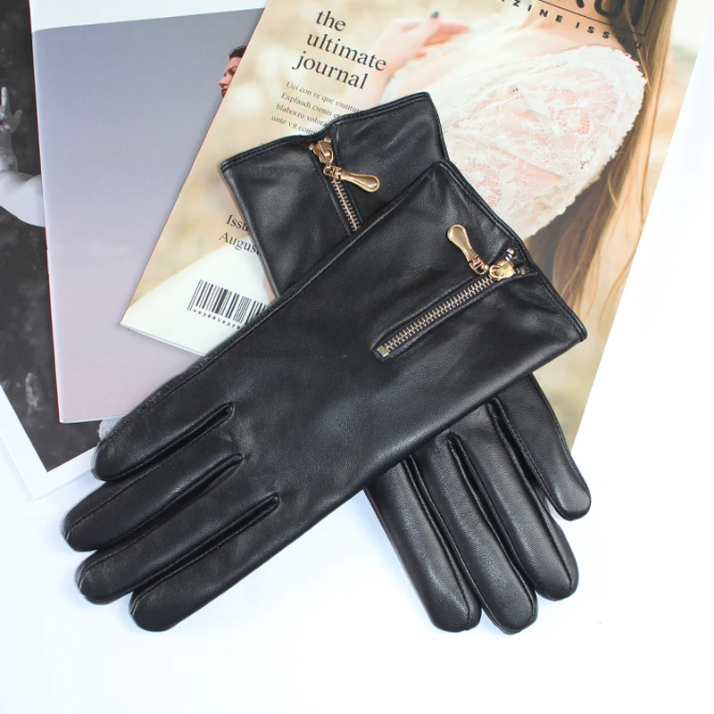 Women's sheepskin gloves leather touch screen fashion zipper fleece ...