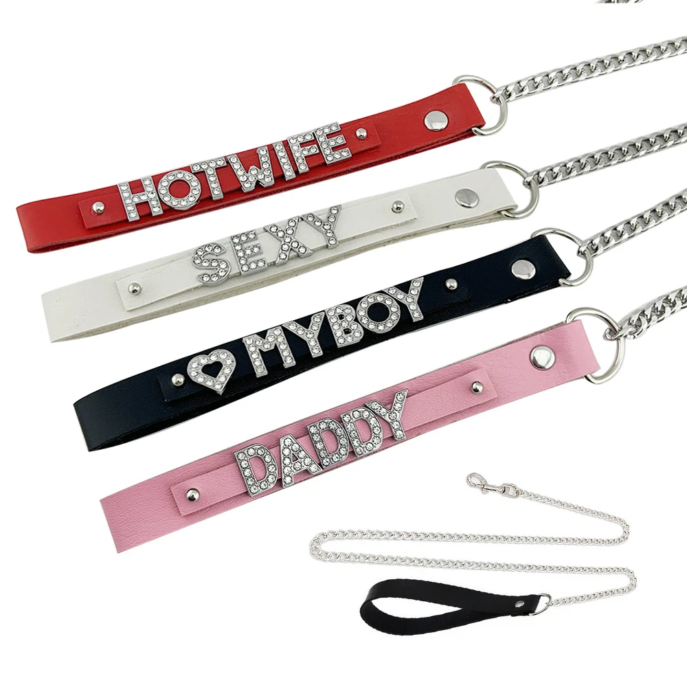 Rhinestone Name Word Leash Custom Sexy Crystal Letter Name Collar Chain ...