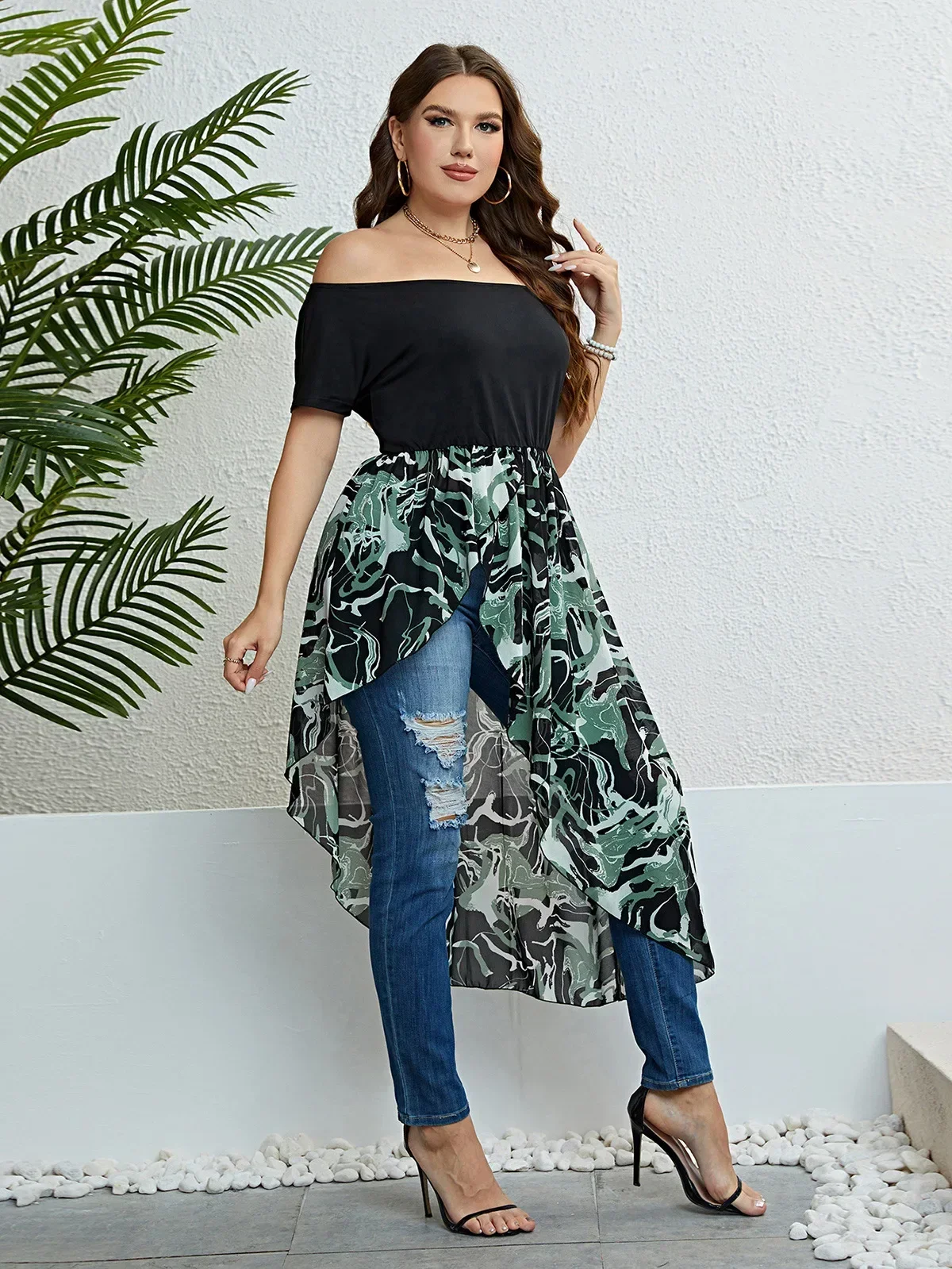 Plus-Size-Women-Off-Shoulder-Slash-Neck-Dress-Short-Sleeve-Irregular ...