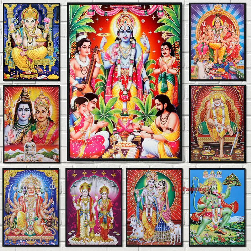 Hindu-God-Goddess-Lord-Shiv-Parvati-Ganesha-Hanuman-Canvas-Painting ...
