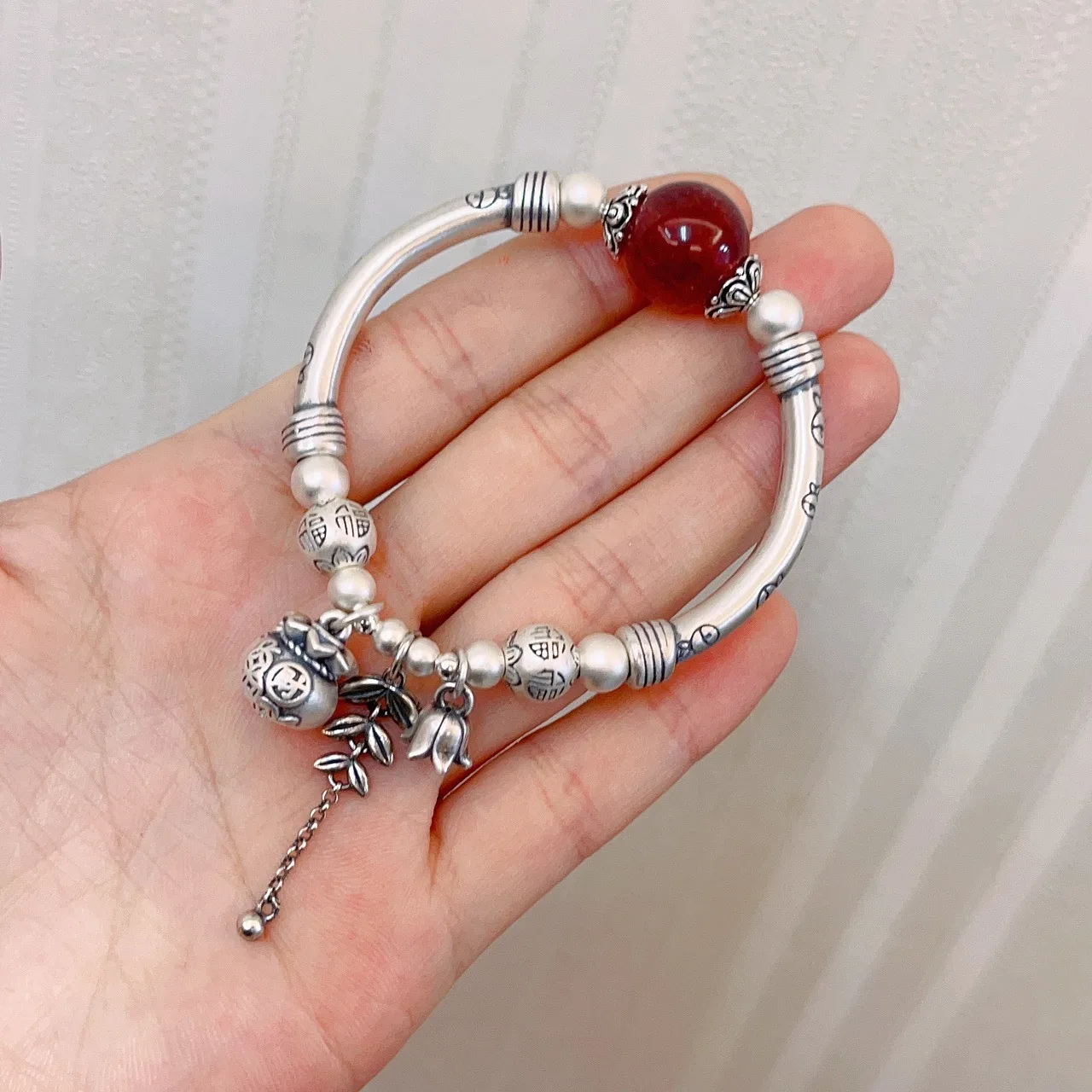 Real-999-Silver-Elbow-Wheat-Tassel-Bracelet-Ethnic-Retro-Strawberry ...