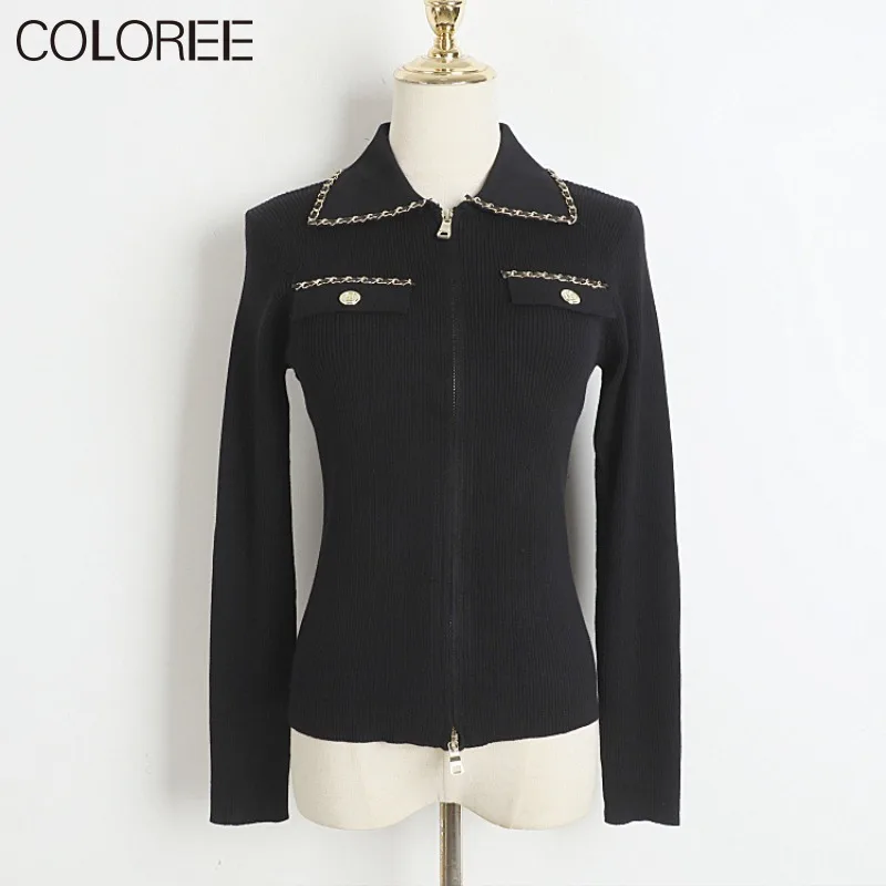 Tops-de-manga-larga-con-cadena-dorada-Para-Mujer-c-rdigans-negros-de ...