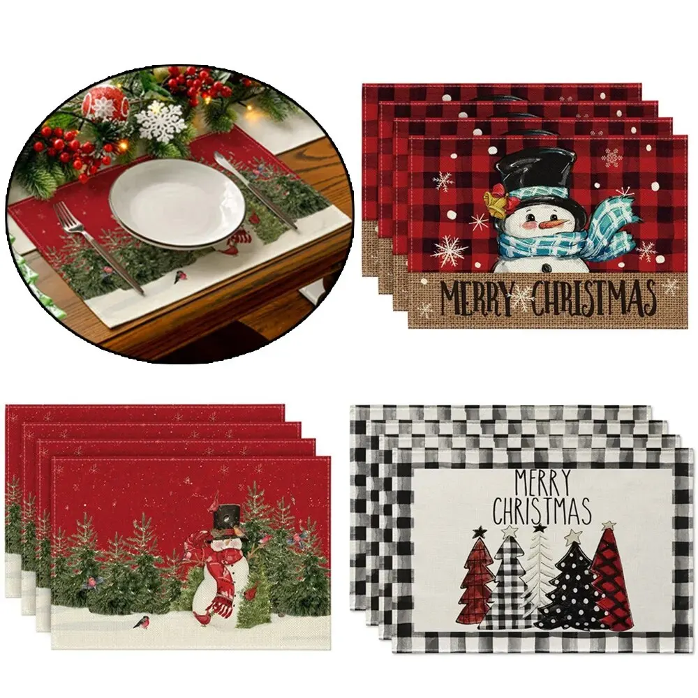 4PCS-Christmas-Table-Placemats-30-45cm-Christmas-Trees-Snowmen-Print ...