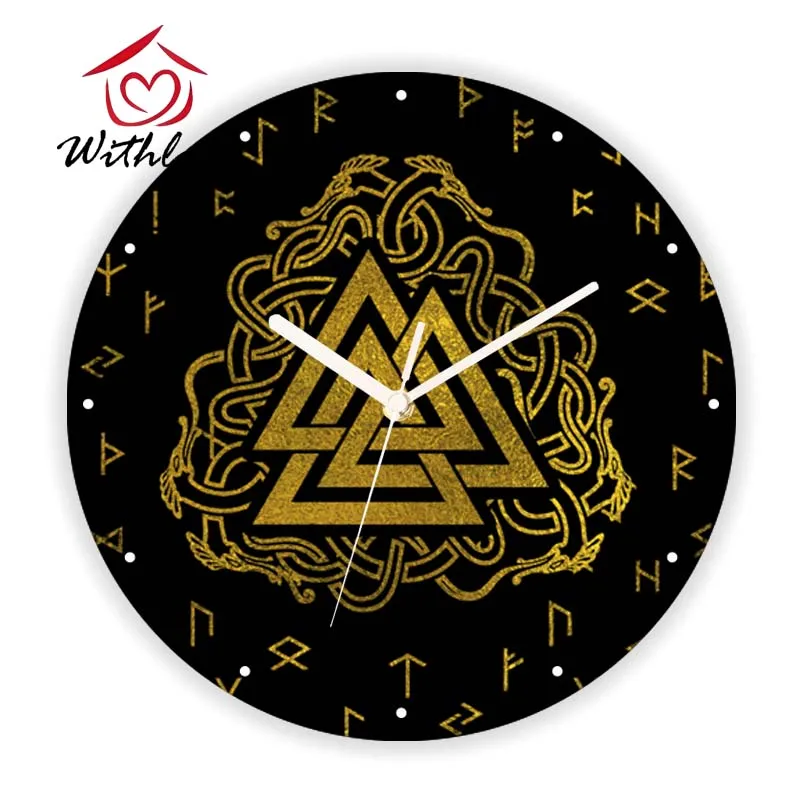 Luxury Black Gold Valknut Symbol on Runes Wall Clock for Living Room ...