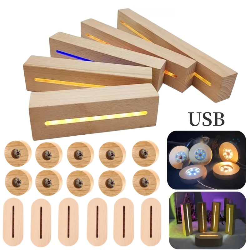 DIY-Wooden-LED-Display-Lamp-Base-Holder-USB-Rectangle-Table-Lamp-Stand ...
