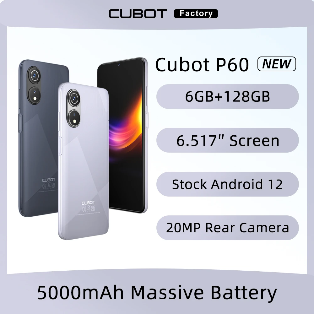 Cubot P60, 핸드폰 안드로이드 12 스마트 폰, 6.517 ", 옥타 코어, 6GB + 128GB (256GB 확장 ...