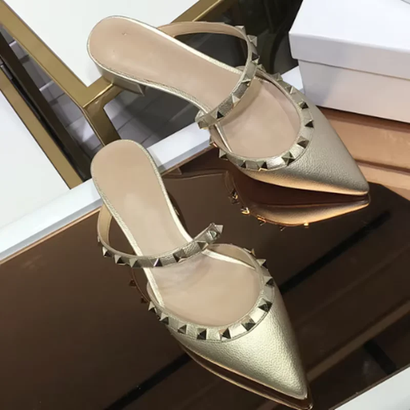 Lady Shiny Gold Studs Strap Pumps 4cm Med Heels Slides Outdoor Summer ...
